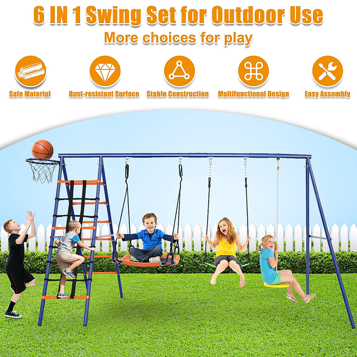 Legooin Swing Sets for Backyard, 550lbs-6 in 1 Heavy Duty Metal Swing Set with 3 Swings Climbing Net Ladder and Basketball Hoop, Waterproof Kids Swing Sets for Backyard for Indoor Outdoor Playground