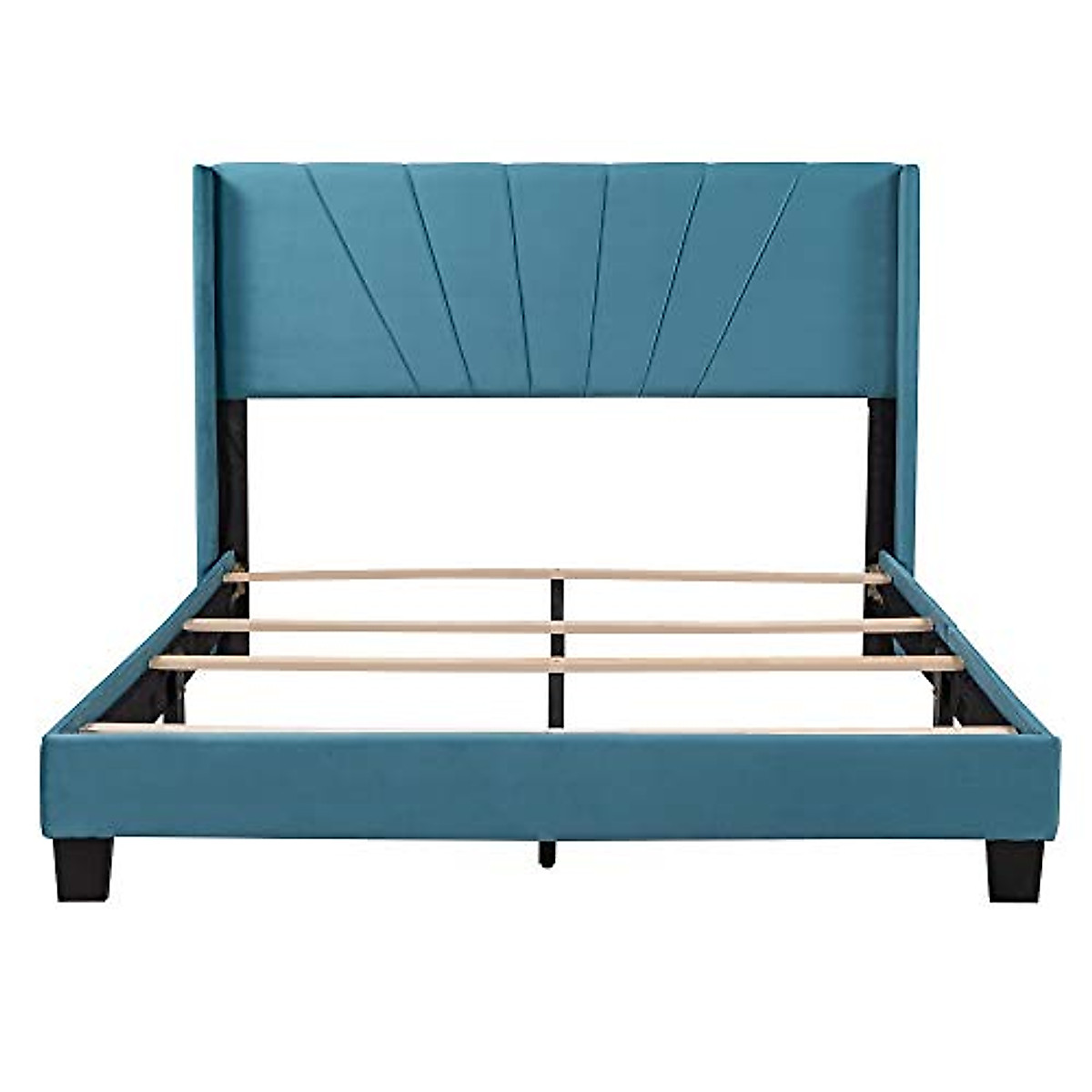 HBRR Queen Size Bed Frame with Velvet Upholstered Headboard, Low Profile Platform Bed with Wood Slats, Fully Upholstered Mattress Foundation, Noise-Free, Easy Assembly, Blue
