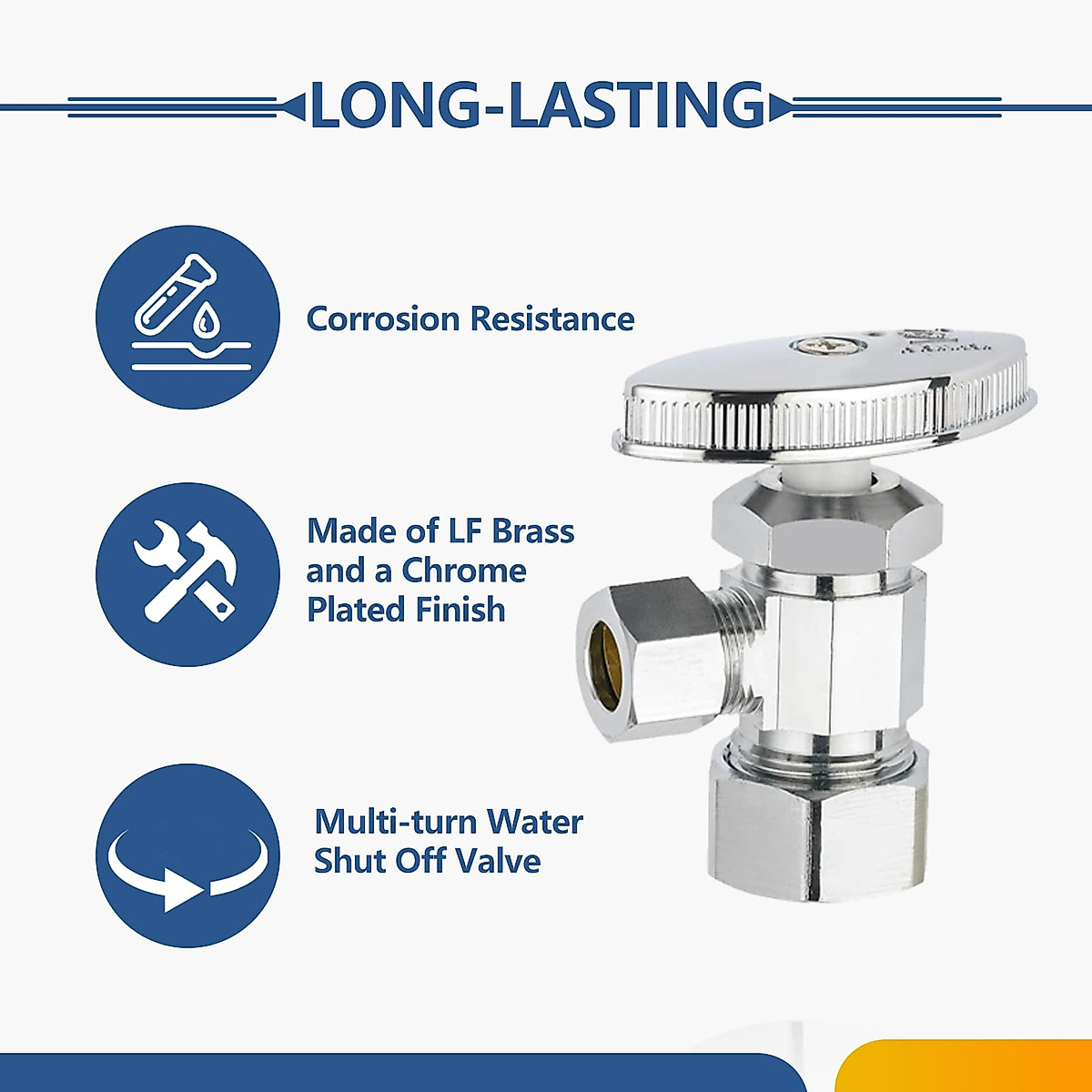 2-Pack GUOFIS Angle Stop Valve with Multi-Turn,1/2-Inch Nominal (5/8" OD) Compression x 3/8-Inch OD Compression Water Shut-off Valves(LF Brass Chrome Plate)
