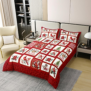 Exotic Birds 100% Nature Cotton Duvet Cover Queen,Merry Christmas Trees Flower Red Birds Super Soft Bedding Set,Rustic Farmhouse Geometry Patchwork Comforter Cover Bedding 3 Piece (No Comforter)
