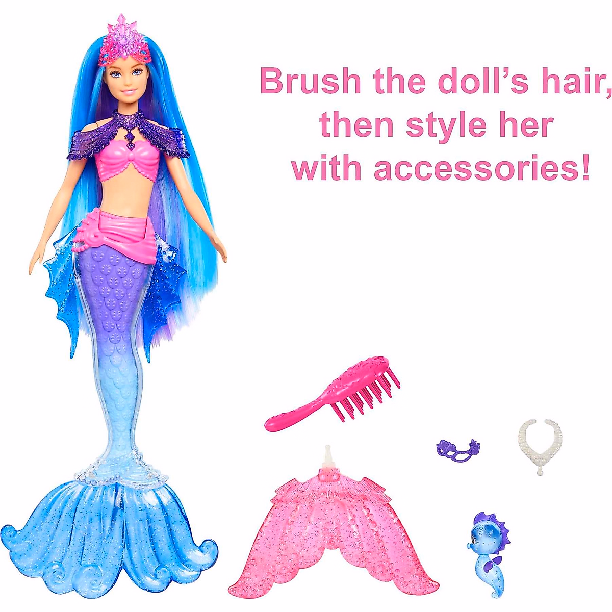 Barbie Mermaid Power Doll, "Malibu" with Seahorse Pet and Accessories, Mermaid Toys with Interchangeable Fins
