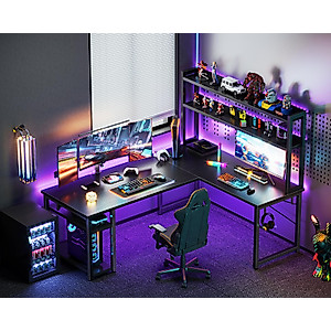 ODK L Shaped Gaming Desk with Hutch, Computer Desk with Storage Shelves, 59" L Shaped Desk for Home Office, Corner Desk with Headphone Hook, Black