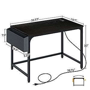 Rolanstar Computer Desk with Power Outlet, Home Office PC Desk with USB Ports Charging Station, 39" Desktop Table with Side Storage Bag and Iron Hooks, Stable Metal Frame Workstation, Black