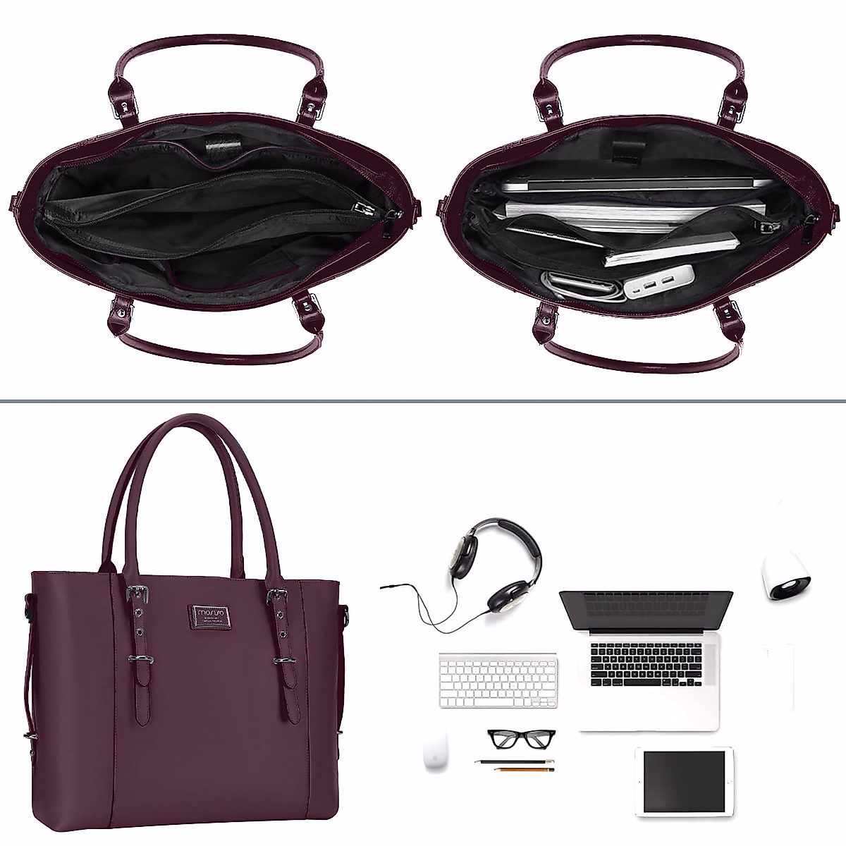 MOSISO PU Leather Laptop Tote Bag for Women (17-17.3 inch), Waterproof Large Capacity Business Work Briefcase Shoulder Laptop Bag, Plum