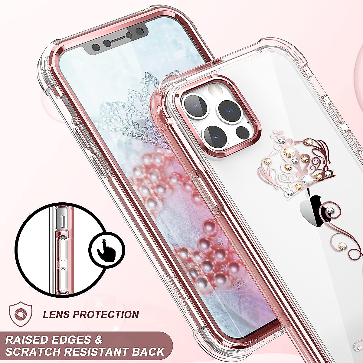 SURITCH Compatible with iPhone 12/iPhone 12 Pro Clear Case 6.1 Inch,[Built in Screen Protector] Luxury Crown Sparkle Diamond Bling Crystals Full Body Rugged Cover for Girls Women (Rose Gold)