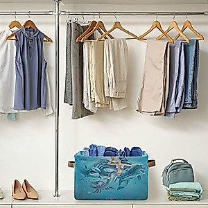 Gougeta Foldable Storage Basket with Handle, Nautical Ocean Mermaid and Dolphin Rectangular Canvas Organizer Bins for Home Office Closet Clothes Toys 2 Pack