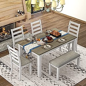 Penifun, Solid Wood Rectangular 4 Chairs and Bench with Cushion, Distressed Finish, Set of 6 (Brown + White Wash), Rustic 6-Piece Dining Room Table Set