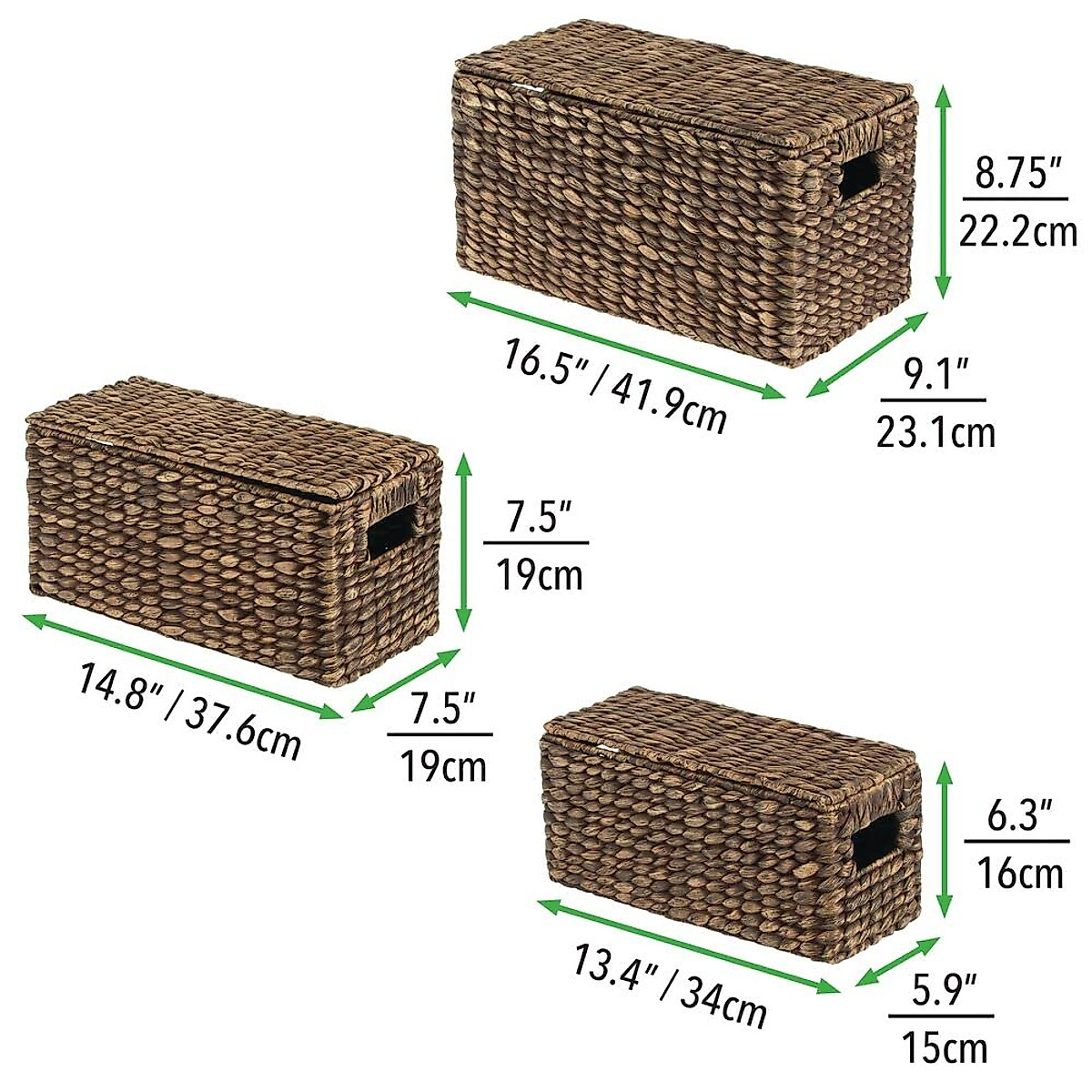 mDesign Woven Water Hyacinth Rectangle Storage Organizer Basket Bin with Topper Lid and Handles - Natural Farmhouse Holder Containers for Closet, Bedroom, Bathroom, Office - Set of 3 - Dark Brown