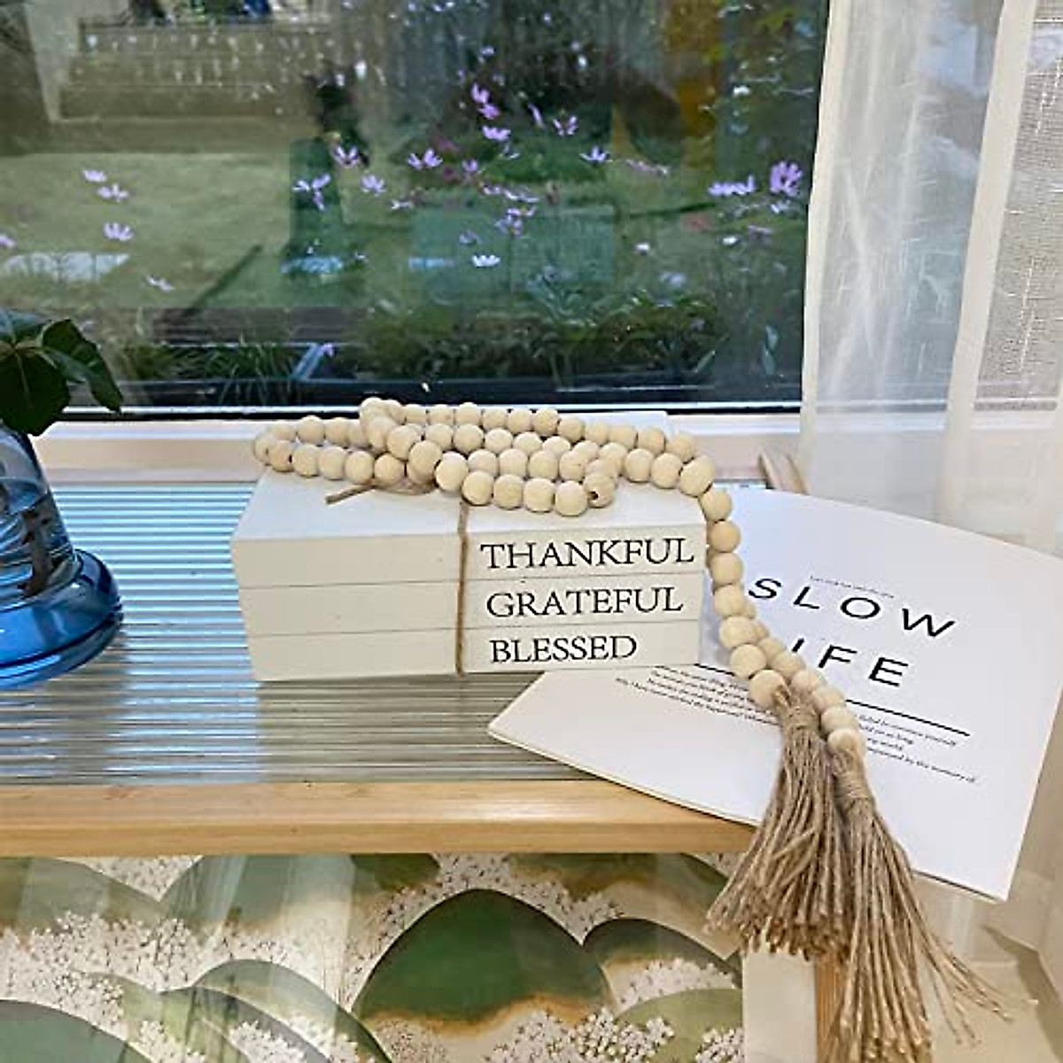 Decorative Books for Home Decor, White Faux Books for Decoration, Rustic Farmhouse Stacked Display Books (Thankful Grateful Blessed)