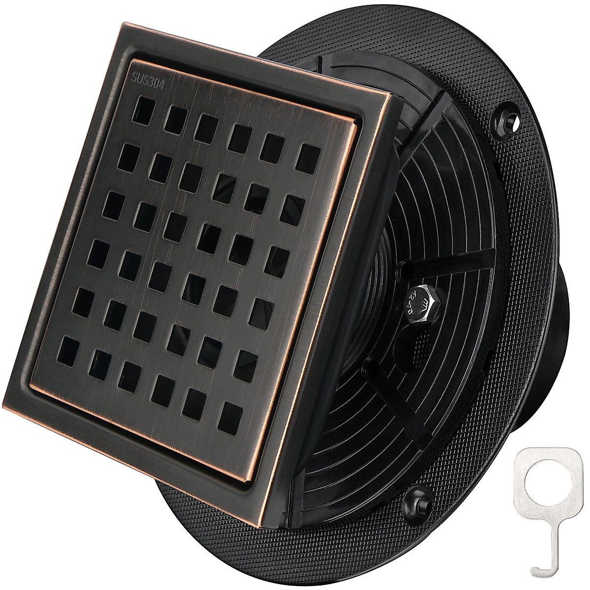 TICONN 4'' Square Floor Shower Drain, Lattice Square Perforated Pattern Easy Cleaning Removable Grate, Rustproof SUS 304 Stainless Steel (Oil Rubbed Bronze, 4'')