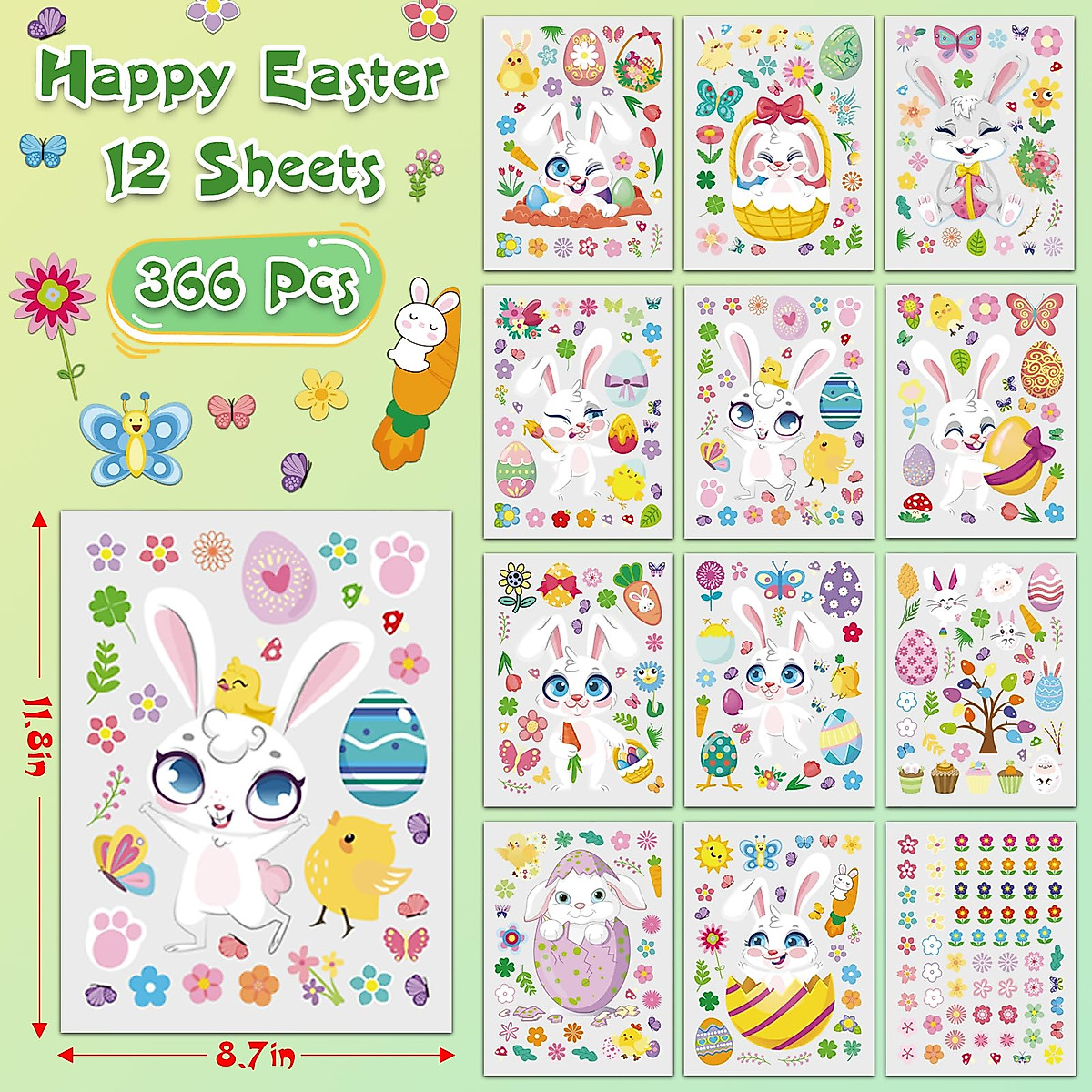 AOWDIAO 12 Sheets Easter Window Clings - 366 Reusable Double-Sided Static Window Stickers - Holiday Home Easter Decorations for Glass Windows, Classroom, Office - Large 12x9 Inch Easter Decals