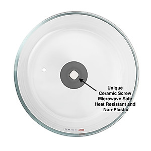 Glass Microwave splatter cover for food plate - Sturdy Borosilicate glass splatter guard with vent hole - 100% Food Safe BPA free Easy Grip Silicone Knob and Dishwasher safe - 10.5in