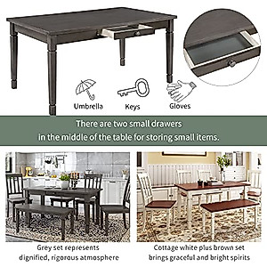 GLORHOME 6 Pieces Kitchen Dining Set for 6, Rectangular Wood Table with Little Drawers and 4 Chairs 1 Bench for Family, Gray