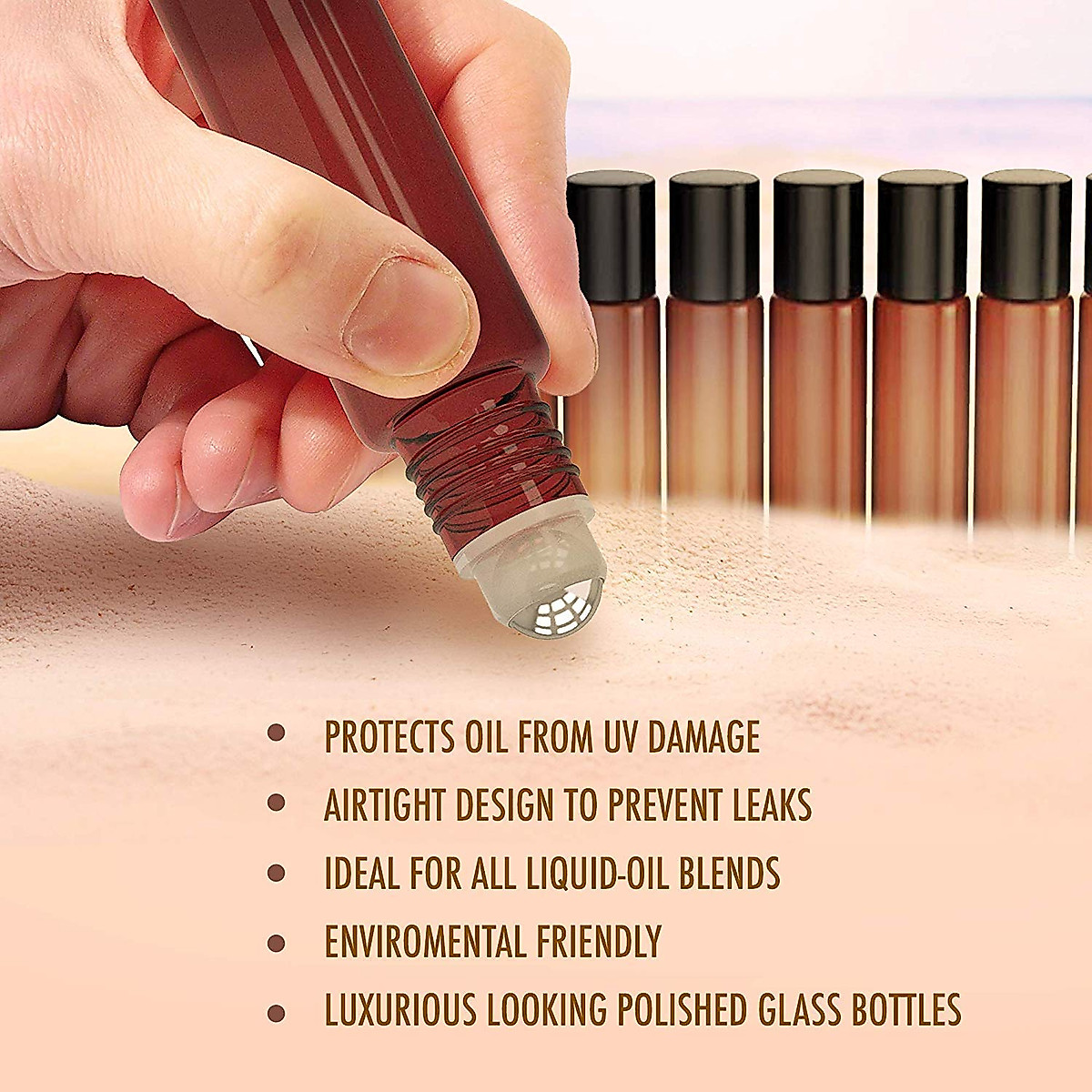 Nylea 8 Pack - Essential Oil Roller Bottles [Metal Chrome Roller Ball] FREE Plastic Pippette Refillable Glass Color Roll On for Fragrance Essential Oil - 10 ml 1/3 oz (Amber)