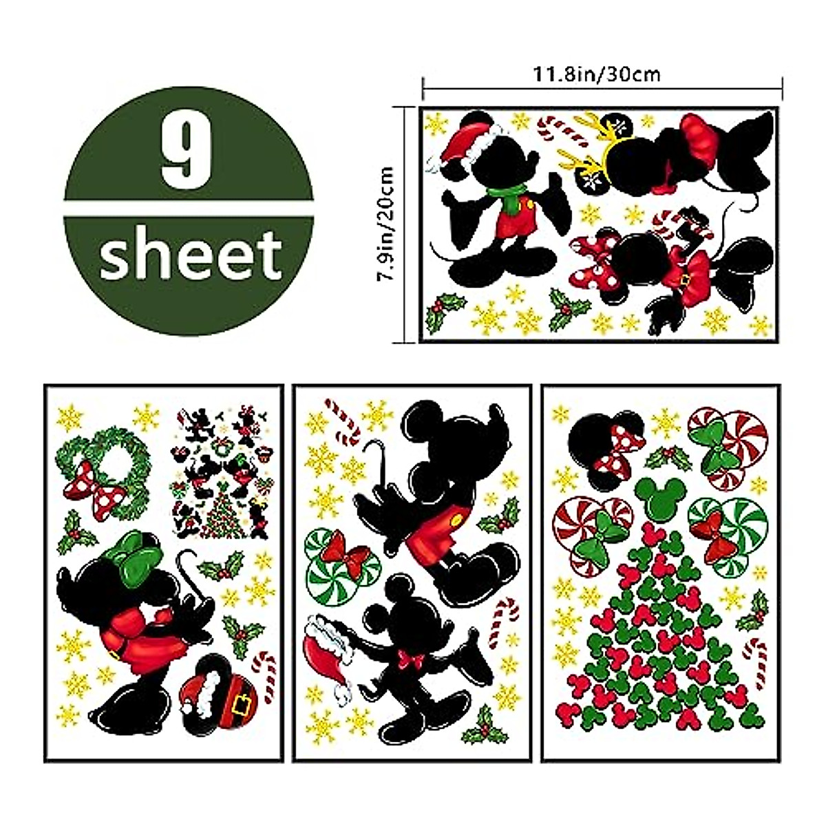 Yovkky 88 PCS Merry Christmas Window Clings, 2024 New Year Christmas Mouse Xmas Tree Green Red Stickers Decals Decor, Peppermint Candy Wreath Winter Snowflakes Holiday Party Home Kitchen Decorations