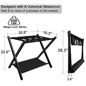 Fandature Folding Luggage Rack for Guest Room, Metal Foldable Suitcase Stand Holder with Colth Shelf for Bedroom, Black, 1pack