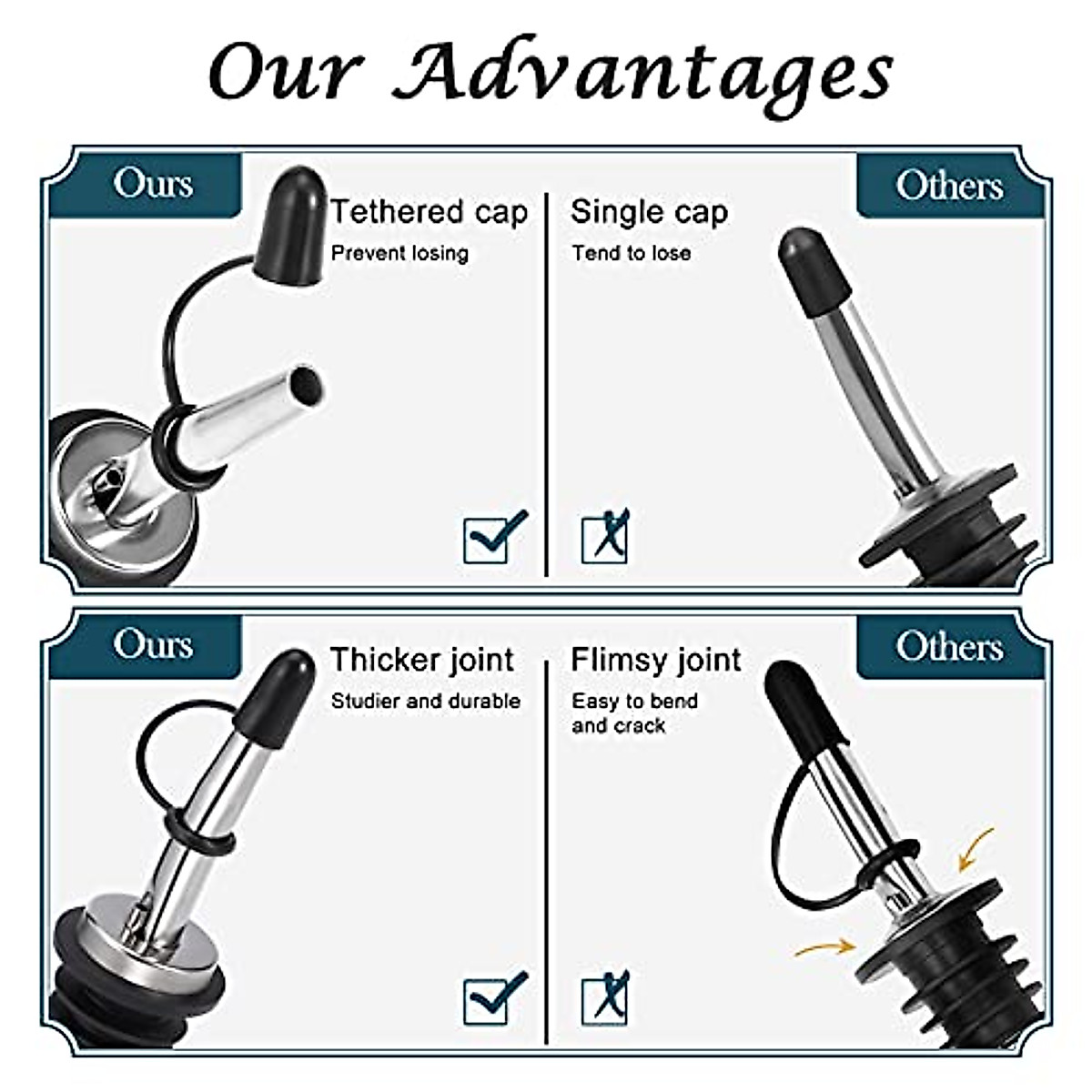 Aozita Bottle Pourers 12 Pack, Stainless Steel Liquor Pourers with Rubber Dust Caps - Classic Bottle Pourers Tapered Spout, Ribs Flex to Fit Different Liquor Bottles About 3/4" Bottle Mouth