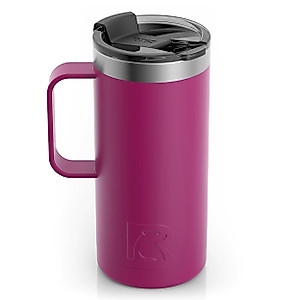 RTIC 16 oz Coffee Travel Mug with Lid and Handle, Stainless Steel Vacuum-Insulated Mugs, Leak, Spill Proof, Hot Beverage and Cold, Portable Thermal Tumbler Cup for Car, Camping, Very Berry