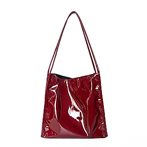 Vintage Female Large Capacity Ladies Shopping Bag Fashion Patent Leather Women Shoulder Bags Casual Solid Color Tote Handbags (31x10x31cm,wine red)