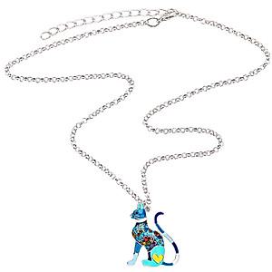 BONSNY Statement Enamel Alloy Chain Cat Necklaces Pendant Original Design For Women Jewelry Gift Charms (Blue)