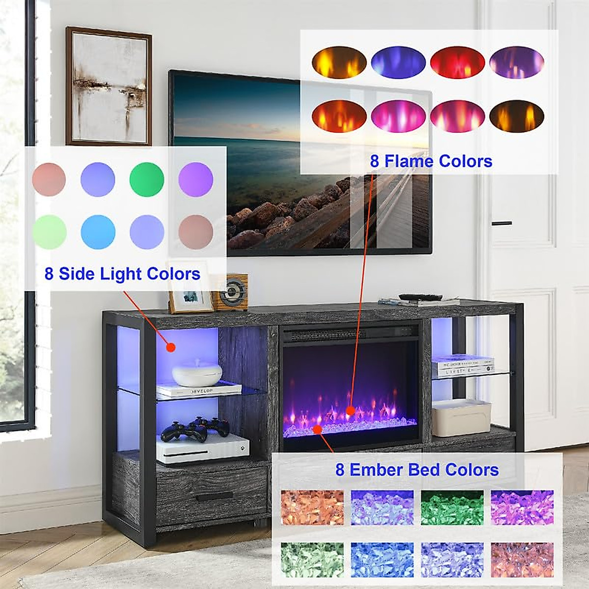 Fireplace TV Stand for TVs up to 70" TV,Farmhouse Entertainment Center with Sync Colorful LED Lights,Large Media Console Storage Cabinet Television Stands Credenza for Living Room, Bedroom,Dark Oak