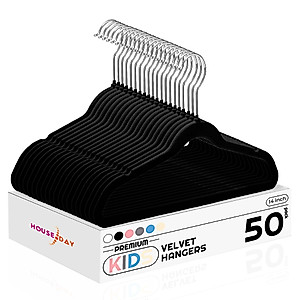 HOUSE DAY Kids Velvet Hangers 50 Pack, Durable Big Kids Hangers 14 Inch Hangers for Youth, Non Slip Kids Felt Hangers, Cute Childrens Hangers for Closet, Kids Black Hangers
