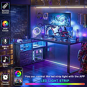 Homieasy L Shaped Desk with File Cabinet & Power Outlet, Reversible 55 Inch Large Corner Computer Desks with LED Strip, L-Shaped Computer Desk with Drawers and Storage Shelves for Home Office, Grey