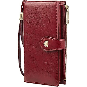 FOXLOVER Large Capacity Clutch Wallet For Women RFID Blocking Waxed Leather Multi Card Holder Organizer (Wine Red)