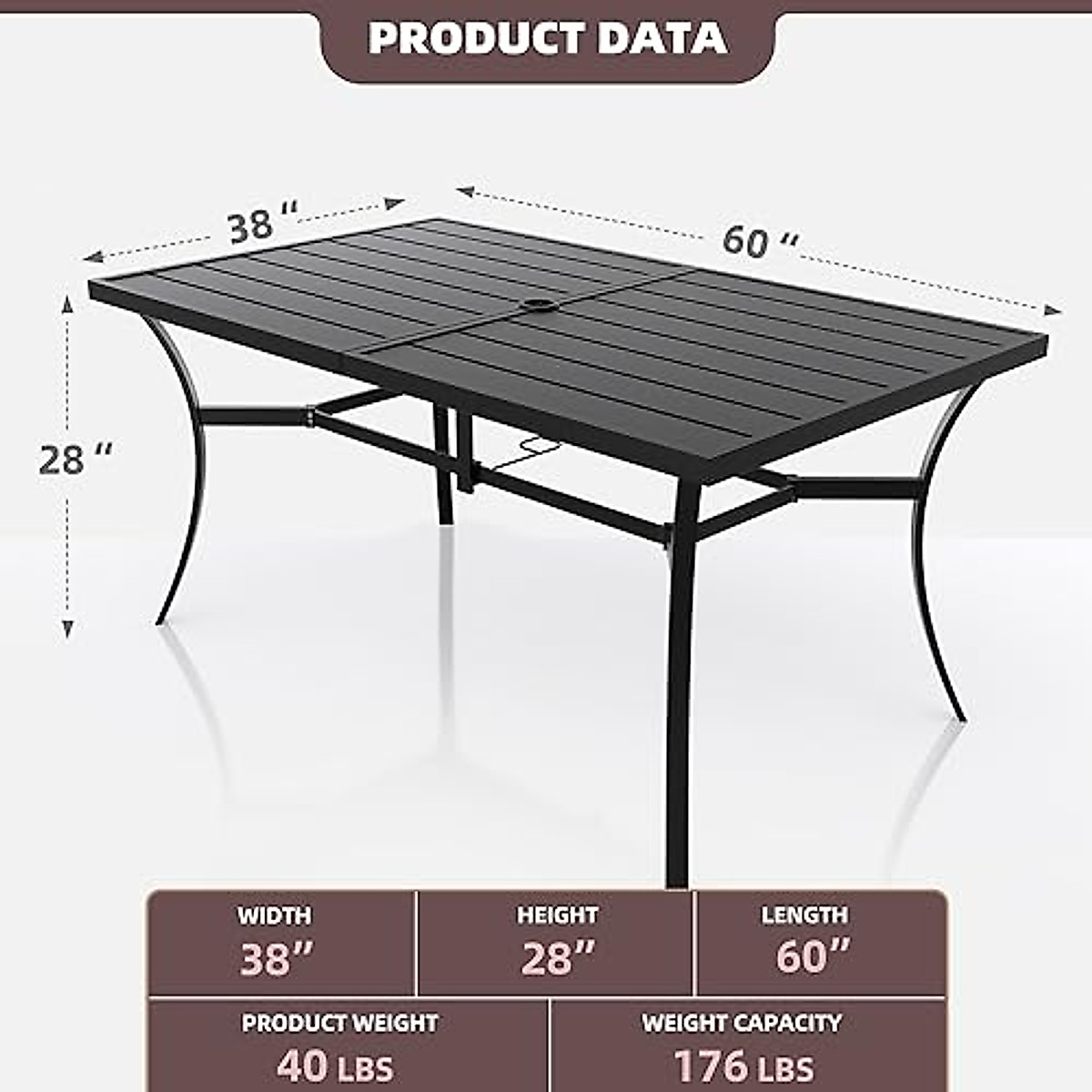 SAILARY Dining Umbrella Hole Outdoor Furniture Modern Design Rectangle Patio Metal Table 60" X 38", Dark Black