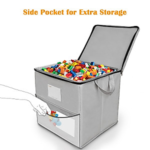 Toy Storage Basket and Play Mat-13"x13"x13" Toy Organizers Cube with Extra Mesh Pocket Storage & Label Holder, Toy Storage Bins Kids for Building Bricks/Blocks, Toy Box Playroom for Boys Girls (Grey)