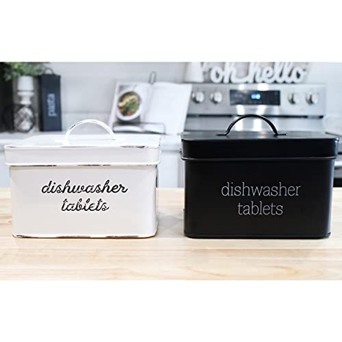 AuldHome Black Dishwasher Pod Holder, Tablet Container; Enamelware Kitchen Storage Tin with Lid