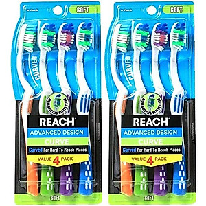 Reach Advanced Design Curve Soft Toothbrushes, 4 Count (Pack of 2) Total 8 Toothbrushes, Colors May Vary