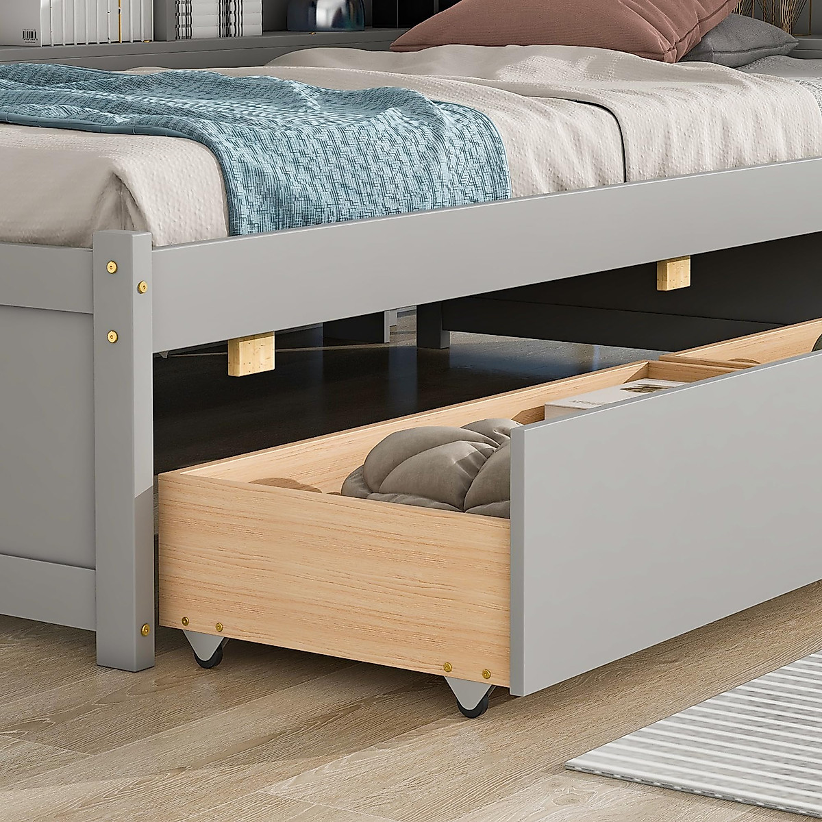 DNChuan Twin Size L-Shaped Corner Daybed with Bookcase Headboard,Captains Bed with Underneath Storage Drawers for Kids Adults,No Box Spring Needed,Grey