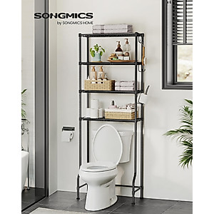 SONGMICS 4 Tier Over The Toilet Storage, Metal Storage Rack, Adjustable Shelves, 4 Hooks, Roll Holder, Space-Saving Bathroom Storage Shelf Organizer, 11.8 x 24.8 x 69.3 Inches, Black UBTS013B01