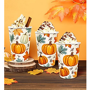 Thanksgiving Disposable Paper Cups 30 Pack, Pumpkin Maple Leaves Paper Cups, Fall Drinking Cups for Hot and Cold Beverages 12 Ounce, Thanksgiving Dinner Autumn Harvest Fall Party Supplies