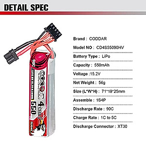 CODDAR 2 Packs 550mAh 4S 15.2V 90C HV LiPo Battery with XT30 Connector for RC Racing Drone FPV Quads Quadcoper Like Brushless Torrent 110 Beta FPV Beta 85X Whoop