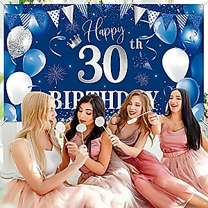 30th Birthday Banner Backdrop,BTZO Happy 30th Birthday Decorations,Blue Silver Fabric Photo Backdrop Background for Men and Women 30th Birthday Party,70.8 x 43.3Inch
