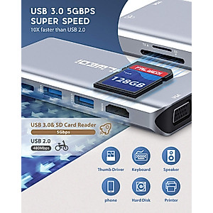 USB C Hub, Type C Adapter, Falwedi 10-in-1 Dongle with Ethernet, 4K@30Hz HDMI, VGA, 3 USB3.0, SD/TF Card Reader, Audio, USB-C PD 3.0, Compatible for MacBook Air Pro and Other Type C Laptops