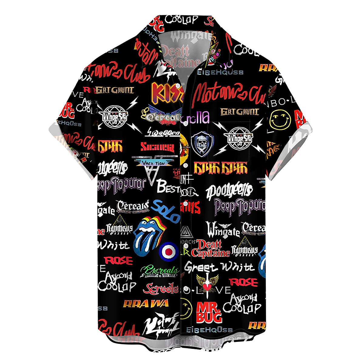Bhlounplo Button Down Shirt Men Rock and Roll Punk Print Pocket Lapel Hawaiian Casual Loose Short Sleeve Shirt-Black-2-XXXL
