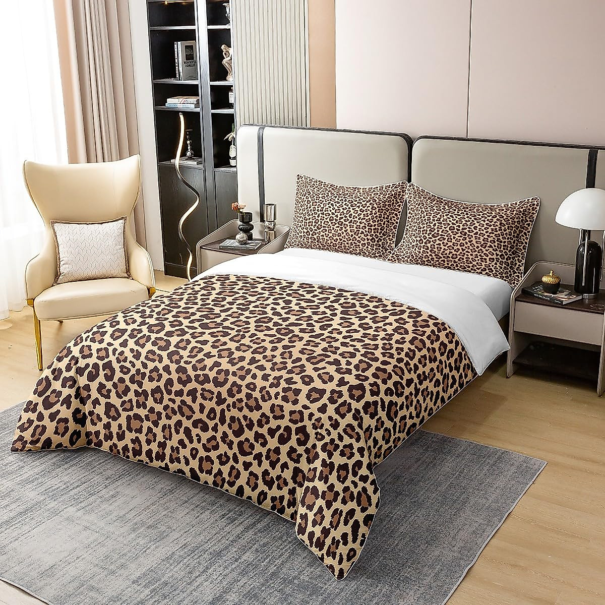 jejeloiu Leopard Print Duvet Cover 100% Cotton Queen Size Kids Cheetah Comforter Cover Set Safari Animal Bedding Cotton Duvet Cover Set Brown Black Bedspread Cover