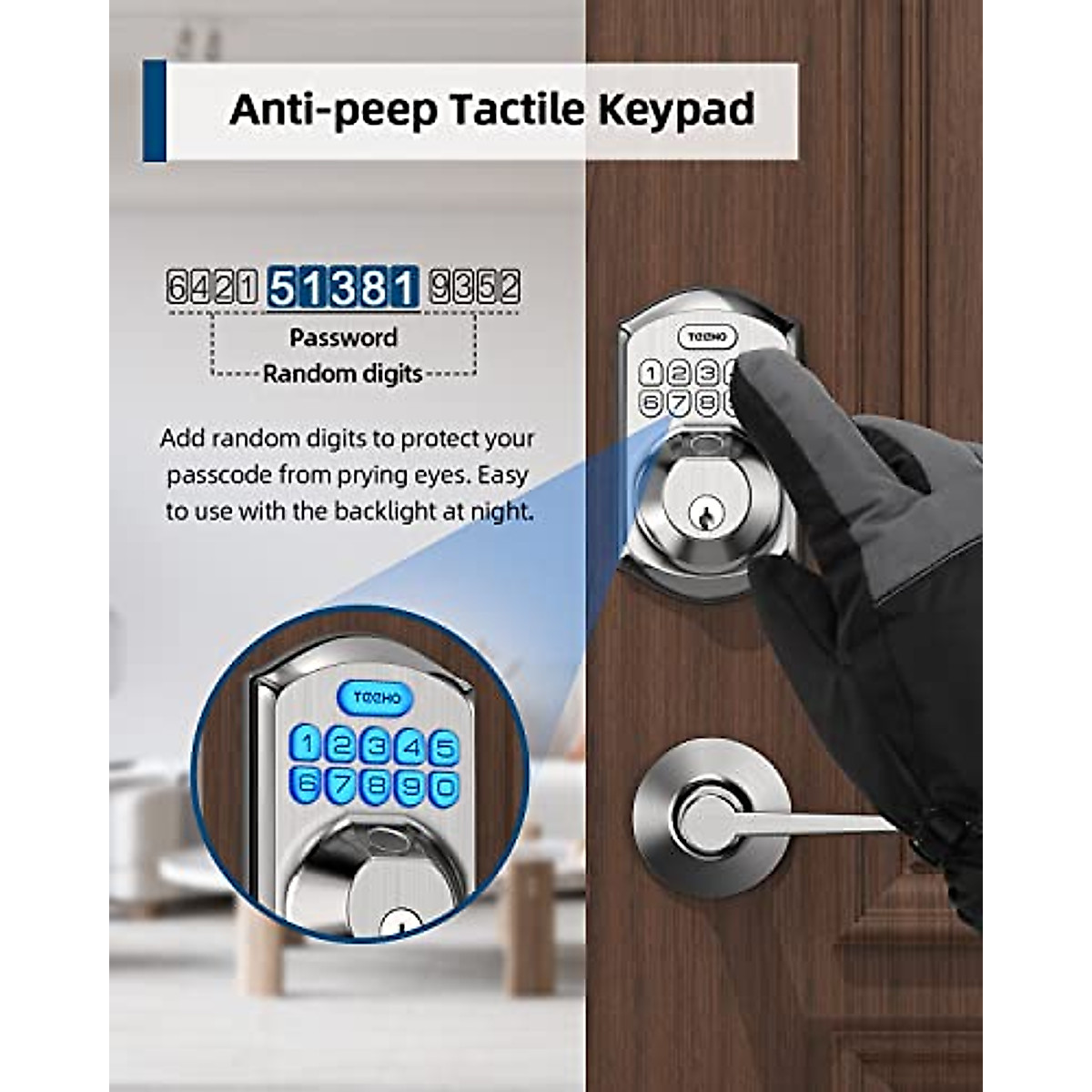 TEEHO Fingerprint Door Lock with 2 Lever Handles, Keyless Entry Door Lock with Handle, Electronic Keypad Deadbolt Front Door Lock Set with Auto Lock and 1 Touch Locking, Satin Nickel