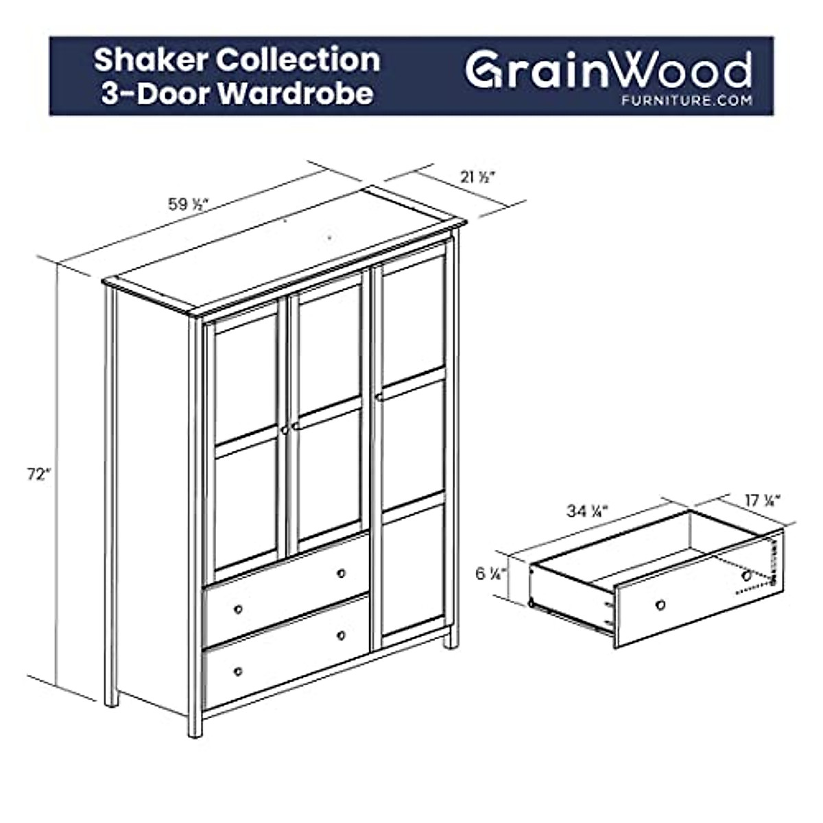 Grain Wood Furniture Shaker 3-Door Wardrobe, Solid Wood with Expresso Finish