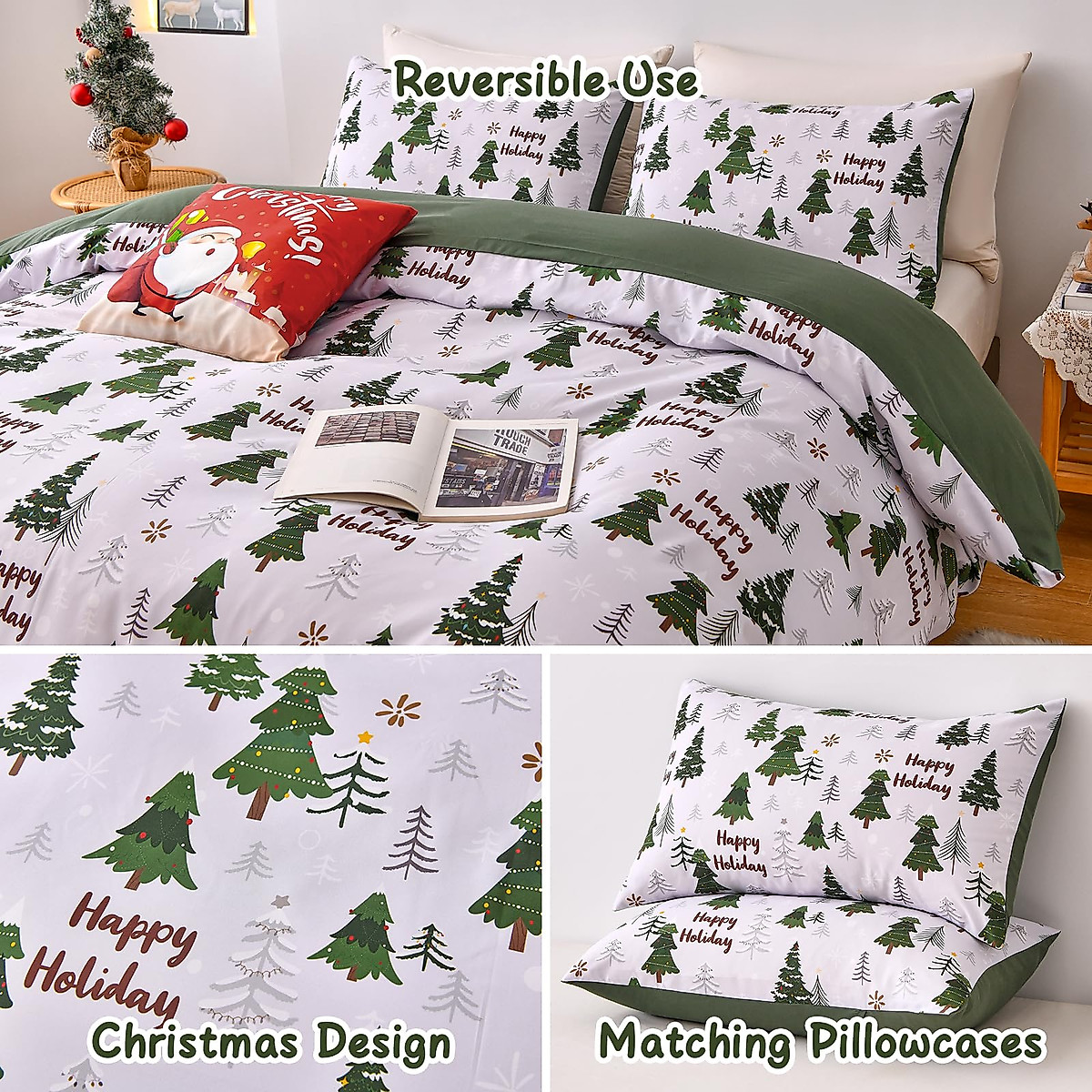 Luxudecor Christmas Duvet Cover Set Queen Size 3 Pieces, Green Christmas Tree Pattern, Soft Microfiber Duvet Cover, Reversible Bedding Set Xmas Holiday Decor(Not Comforter)