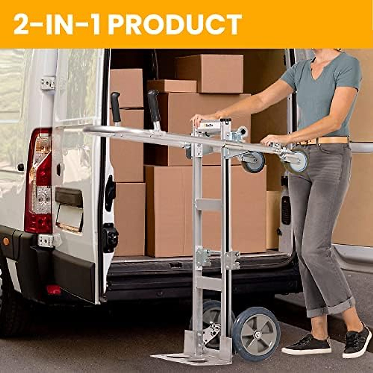 HaulPro Junior Heavy Duty Convertible Hand Truck with Double Grip Handles-Aluminum Dolly Cart for Moving- 1,000 LB Capacity-Converts from Hand Truck to Platform Push Cart-52 Lx41 Wx44 H (UNASSEMBLED)