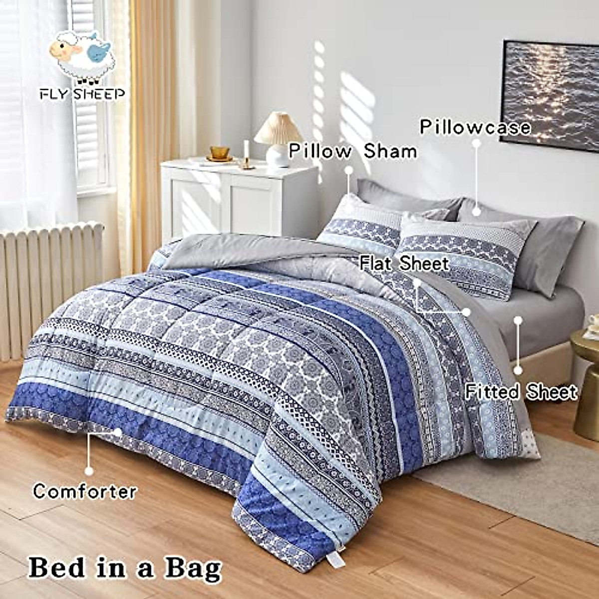 Flysheep Bohemian Striped Bed in a Bag 7 Pieces Queen Size, Boho Blue Grey Geometric Pattern Reversible Bed Comforter Set (1 Comforter, 1 Flat Sheet, 1 Fitted Sheet, 2 Pillow Shams, 2 Pillowcases)