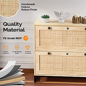 VINGLI Wood Rattan 2-Drawer Lateral File Cabinet with Lock for Home Office, Lockable Filing Cabinet with Rustic Metal Handles for Hanging Letter/A4/Legal Size Labeled Folders, Oak, 30W x 16D x 28H