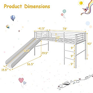 Giantex Twin Loft Bed with Slide, Metal Low Bunk Bed w/Safety Guardrails & Built-in Ladder, Toddler Bed Floor Frame for Boys & Girls, No Box Spring Needed (White)