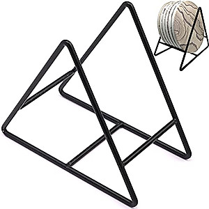 ENKORE Coaster Holder Extra Wide Triangle Design - Black Metal Rack Hold 4 to 8 Pieces Upright Standing for Better Display and Storage or Handle - Fit Round or Square Drink Mats, Sold Without Coasters