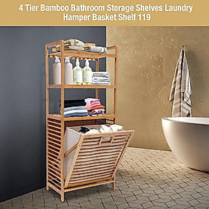 DOONARCES 4-Tier Bamboo Laundry Hamper Tilt Out, Laundry Basket with Shelves &Handle Shower Caddy Shelf Rack Bathroom Cabinet Organizer for Bedroom Laundry Room Bathroom