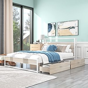 Metal Bed Frame Queen with Two Drawers Queen Size Storage Bed with Sockets, USB Ports and Slat Support for Living Room Bedroom,No Box Spring Needed/Easy Assembly (White)